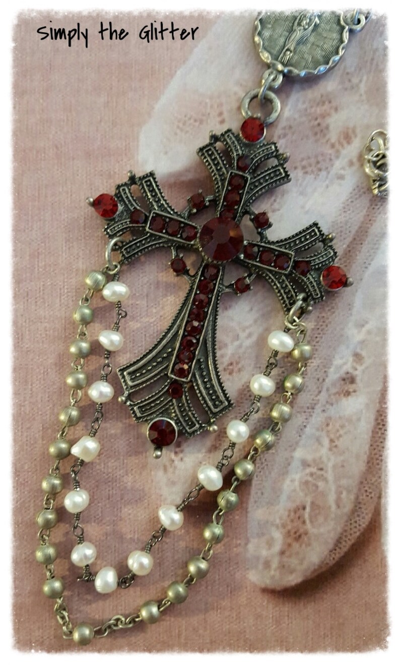 Red Rhinestone Cross and Rosary Beads Assemblage Necklace | Etsy