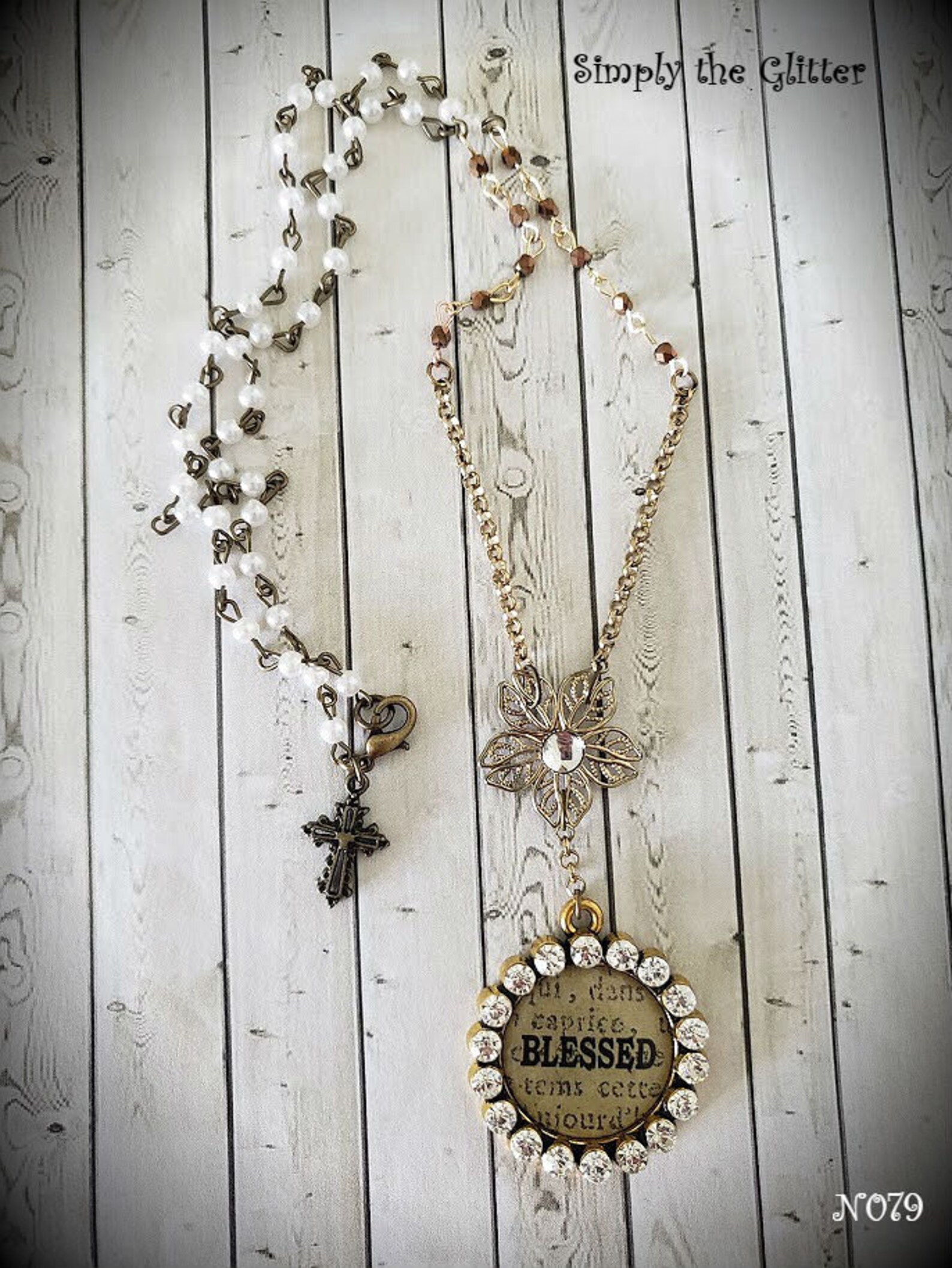 Brass and Rhinestone Blessed Pendant Assemblage Necklace - Etsy