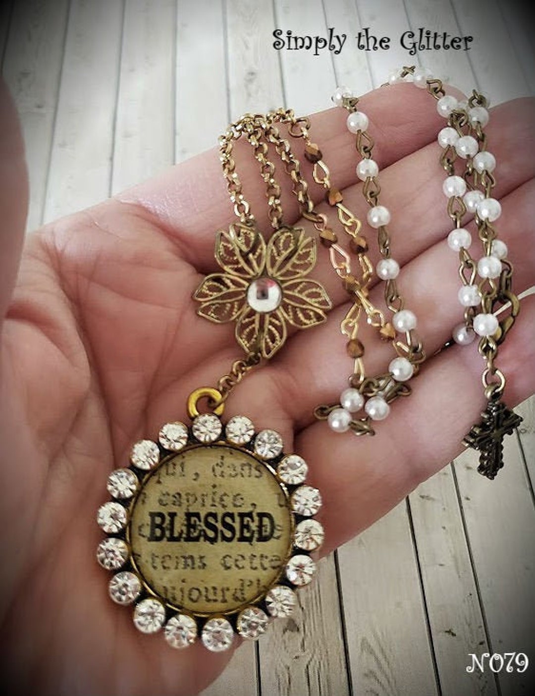 Brass and Rhinestone Blessed Pendant Assemblage Necklace, Faith Jewelry ...