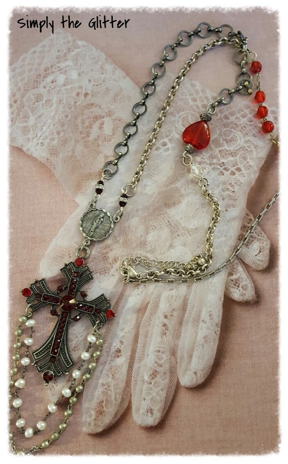 Red Rhinestone Cross and Rosary Beads Assemblage Necklace | Etsy