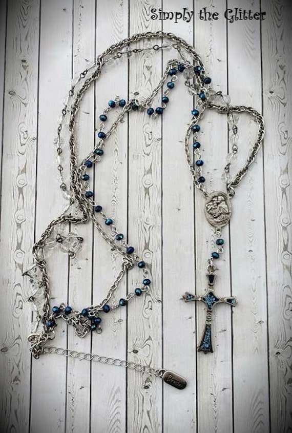 Silver and Blue Stone Cross Assemblage Necklace Faith | Etsy