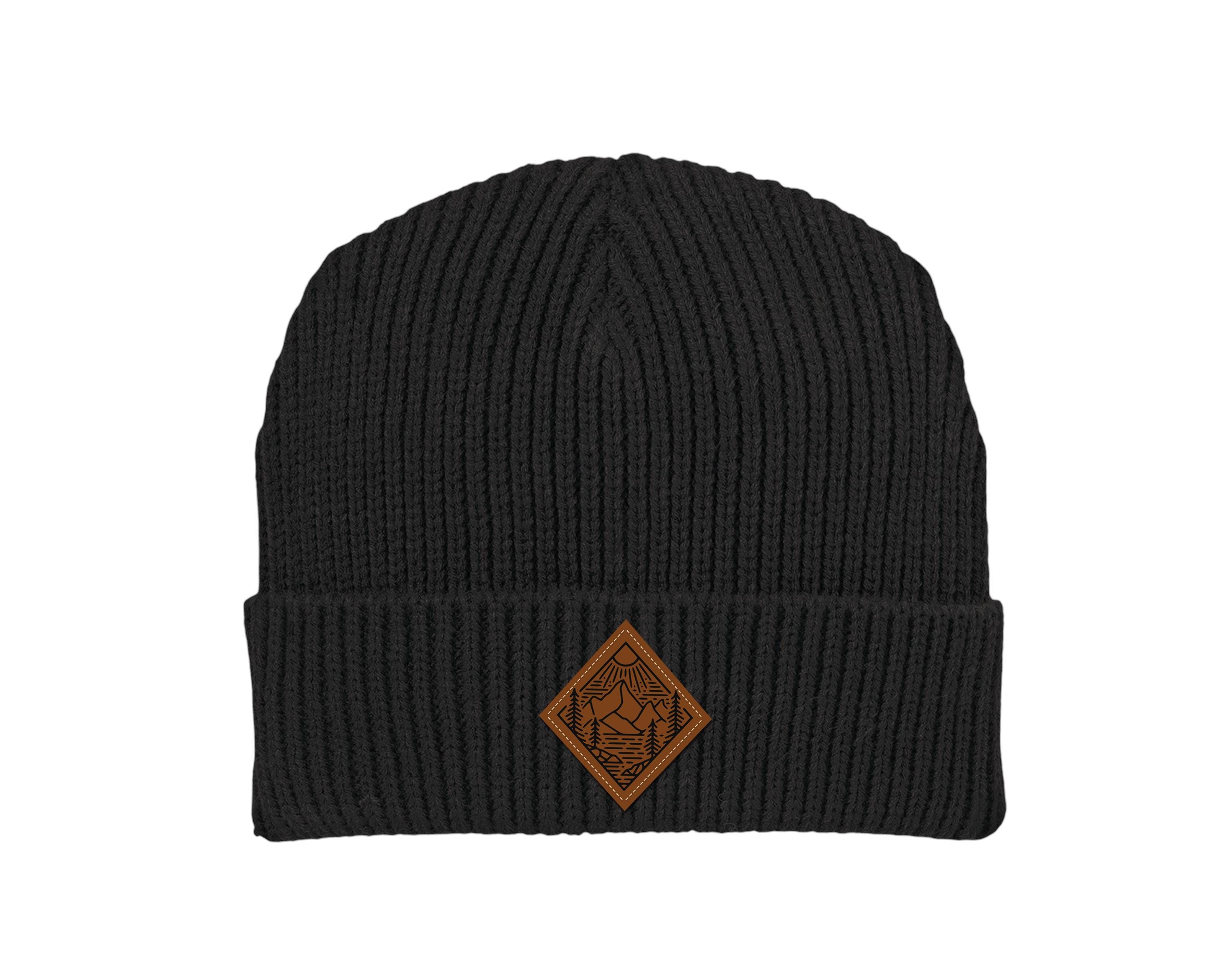 Mountain Nature Trees Embroidered Beanie With Leather Patch PNW Beanie ...