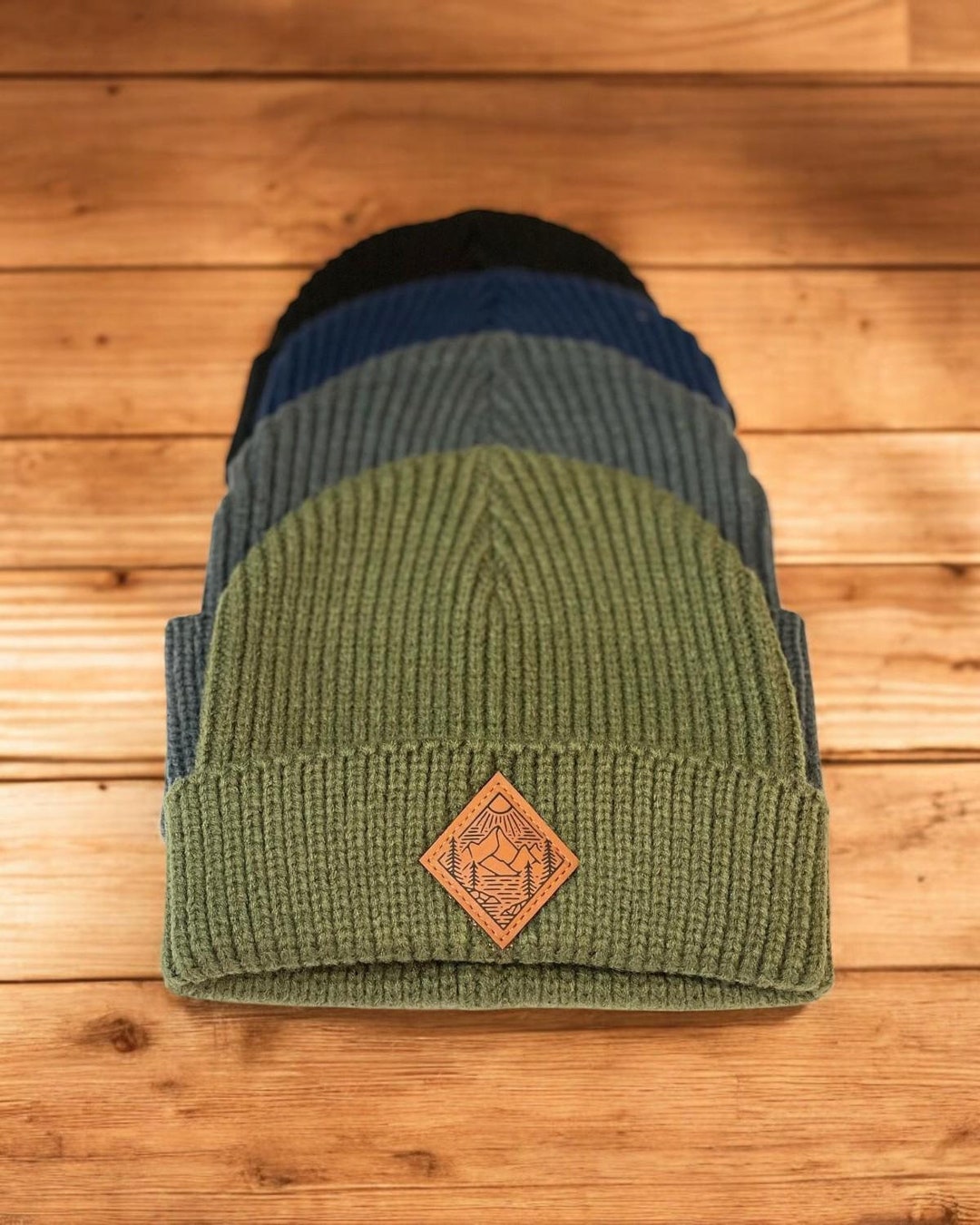 Mountain Nature Trees Embroidered Beanie With Leather Patch PNW Beanie ...