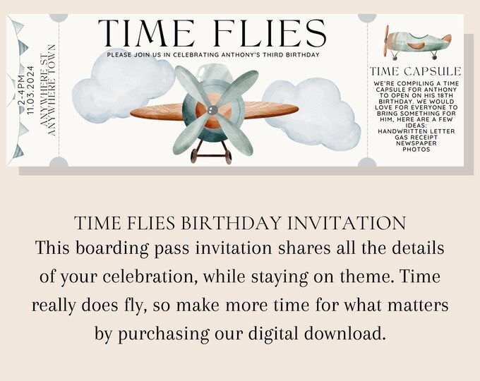 Time Flies Birthday Party Invitation Boarding Pass Airplane Theme Time ...