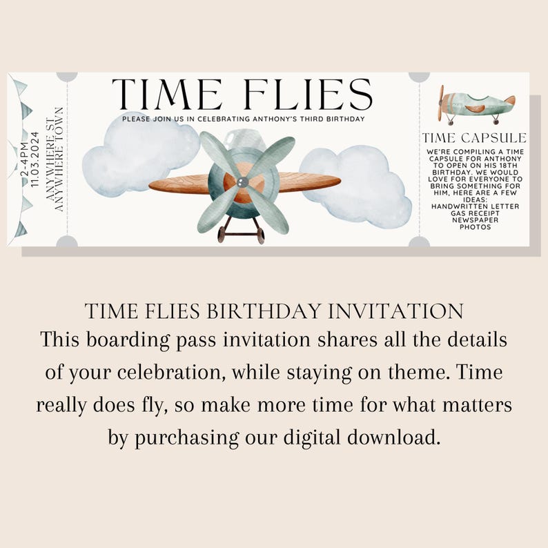 Time Flies Birthday Party Invitation Boarding Pass Airplane Theme Time ...