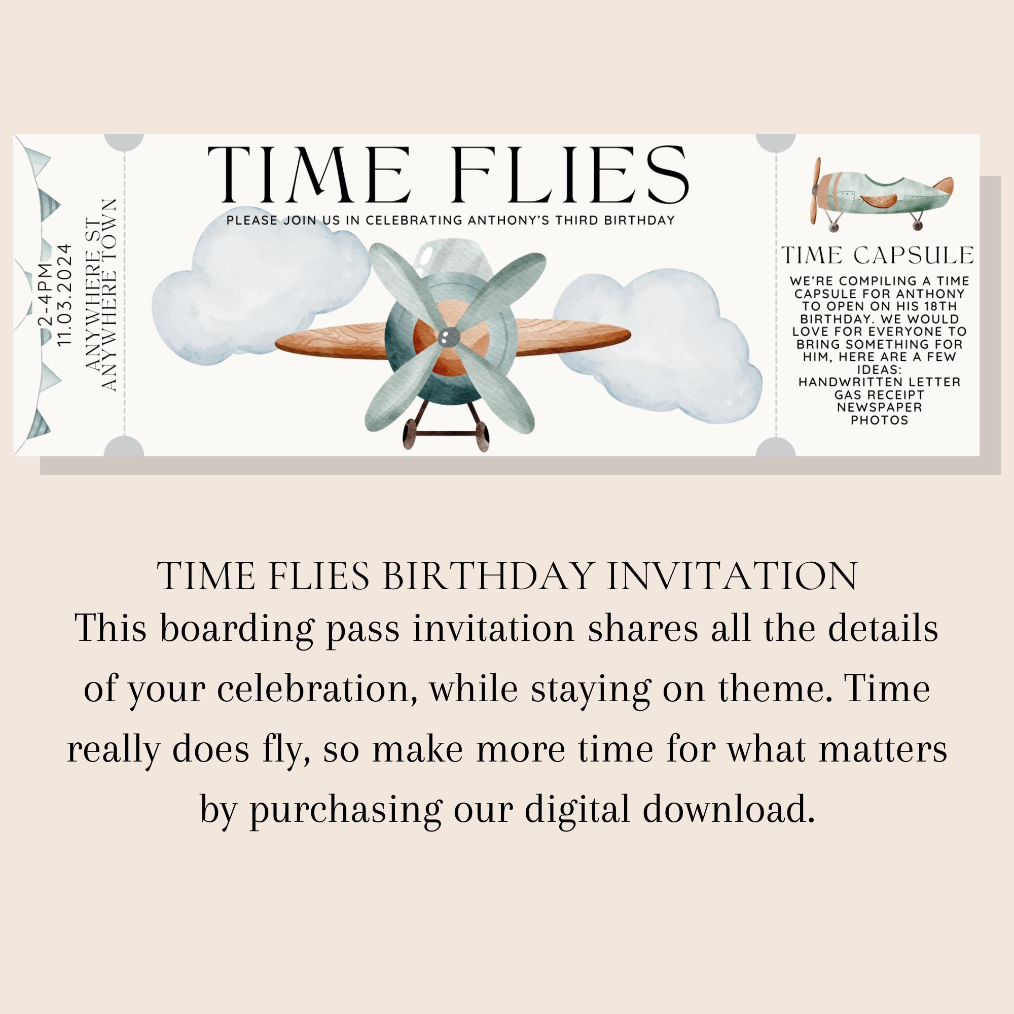 Time Flies Birthday Party Invitation Boarding Pass Airplane Theme Time ...