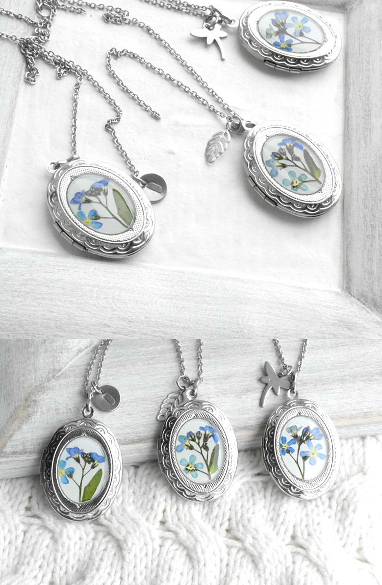 Memory locket necklace Forget me not pendant Medallion photo | Etsy