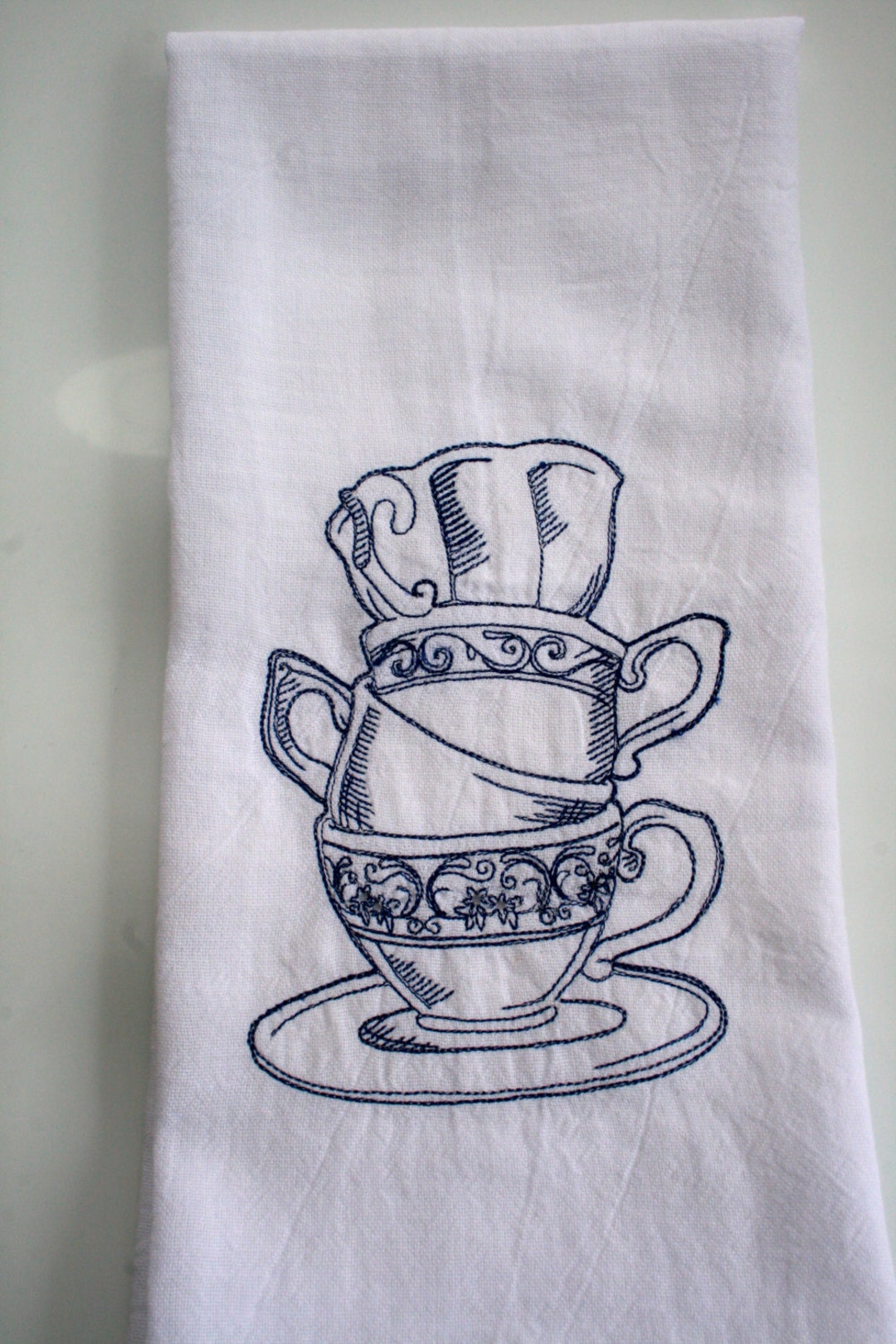 Fancy Stacked Tea Cups Embroidered on Linen Weave Towels - Etsy