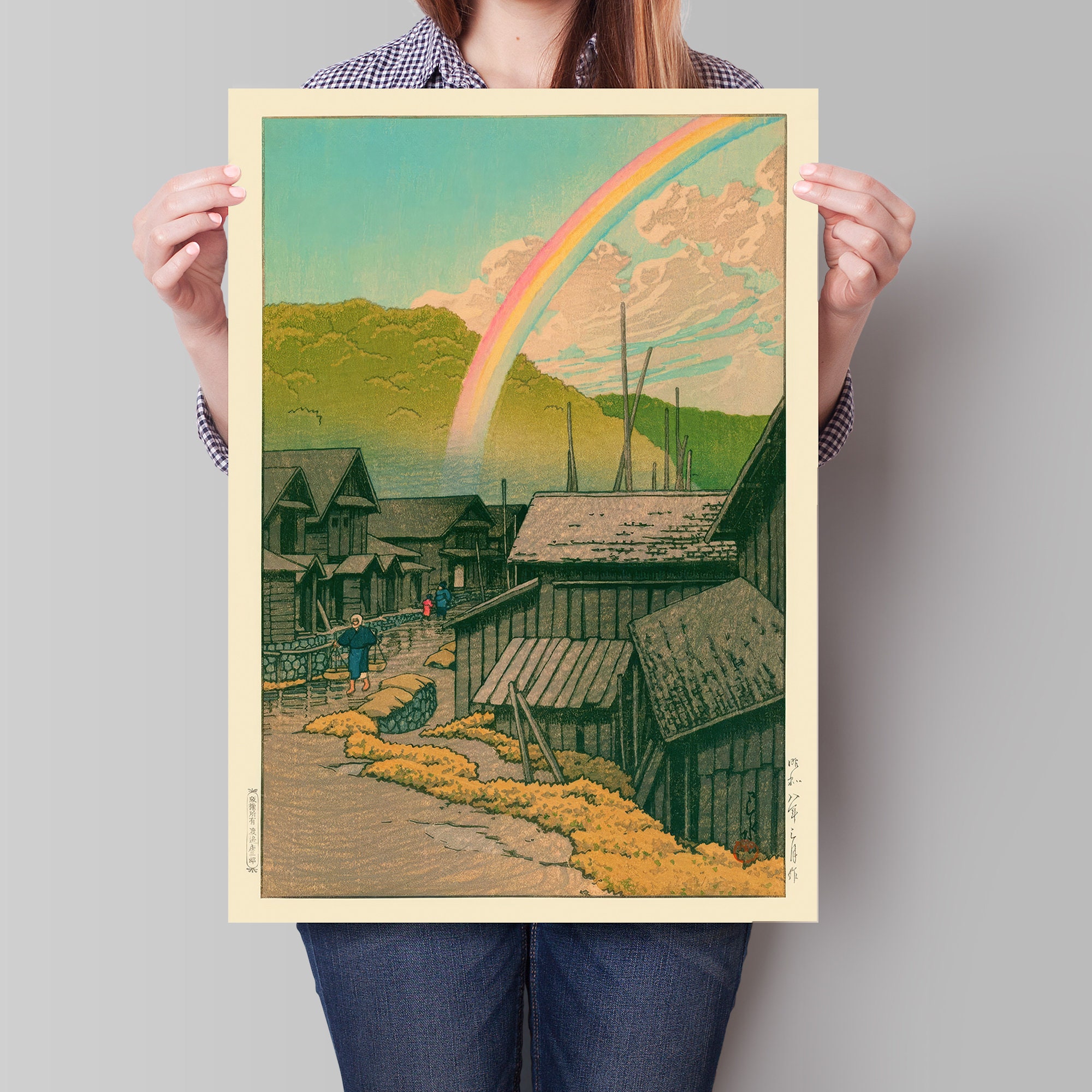 Japanese Rainbow Poster, Vintage Woodblock Art, Japanese Village by ...