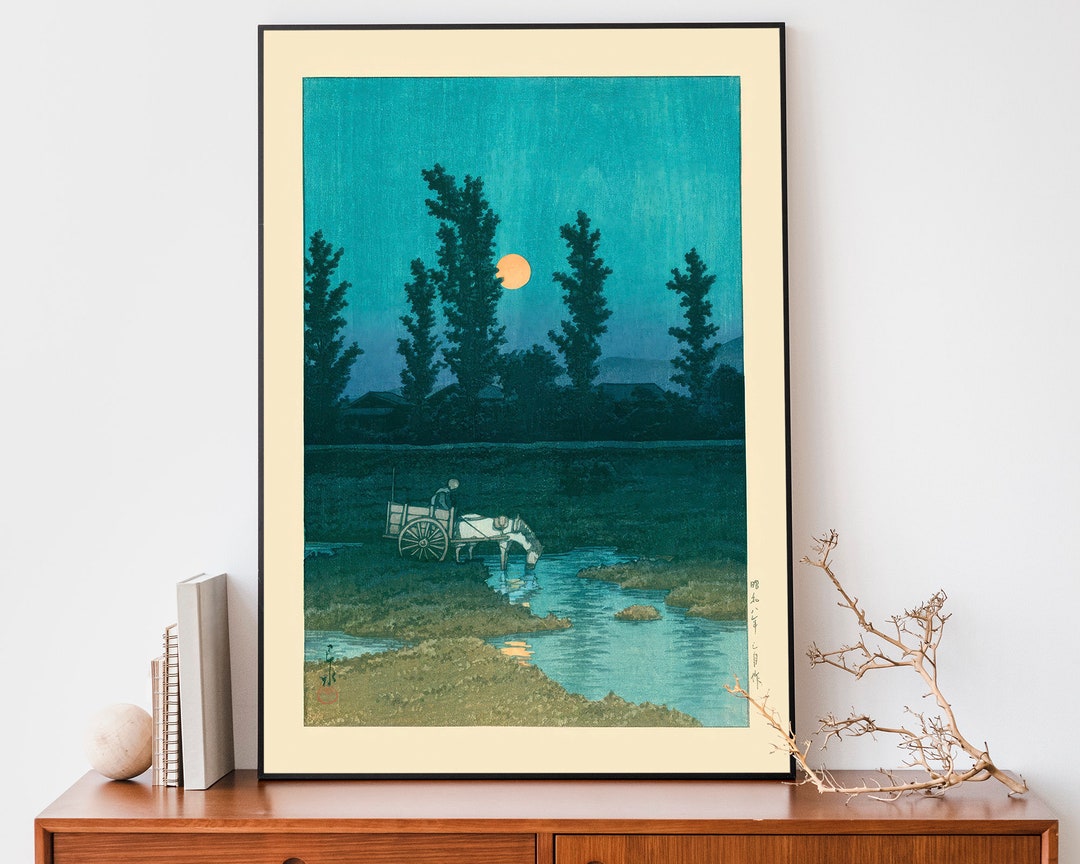 Japanese Poster, Night Sky Art, Full Moon Wall Art, Woodblock Art ...