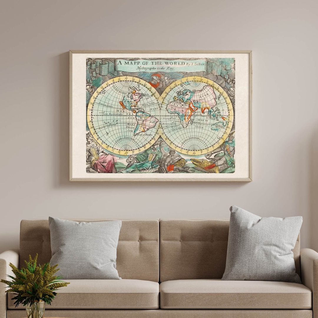 Vintage World Map Print, Antique Map, Science Poster, Retro Educational ...