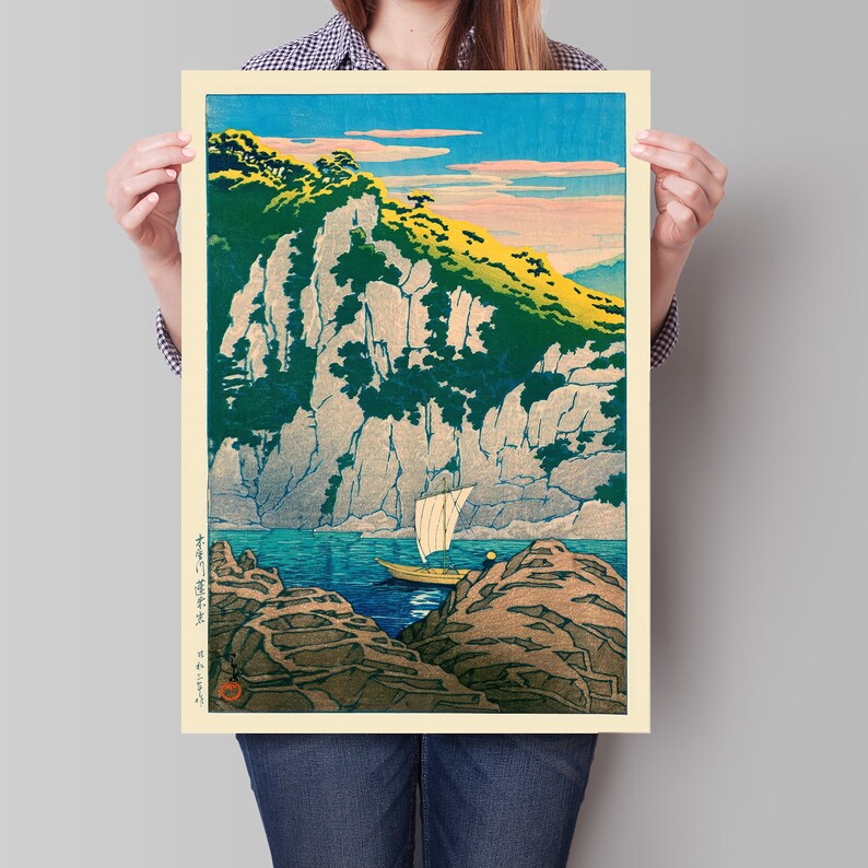 Japanese Poster, Woodblock Art, Rocks on the Kiso River by Kawase Hasui ...