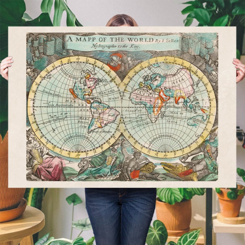 Vintage World Map Print Antique Map Science Poster Retro - Etsy