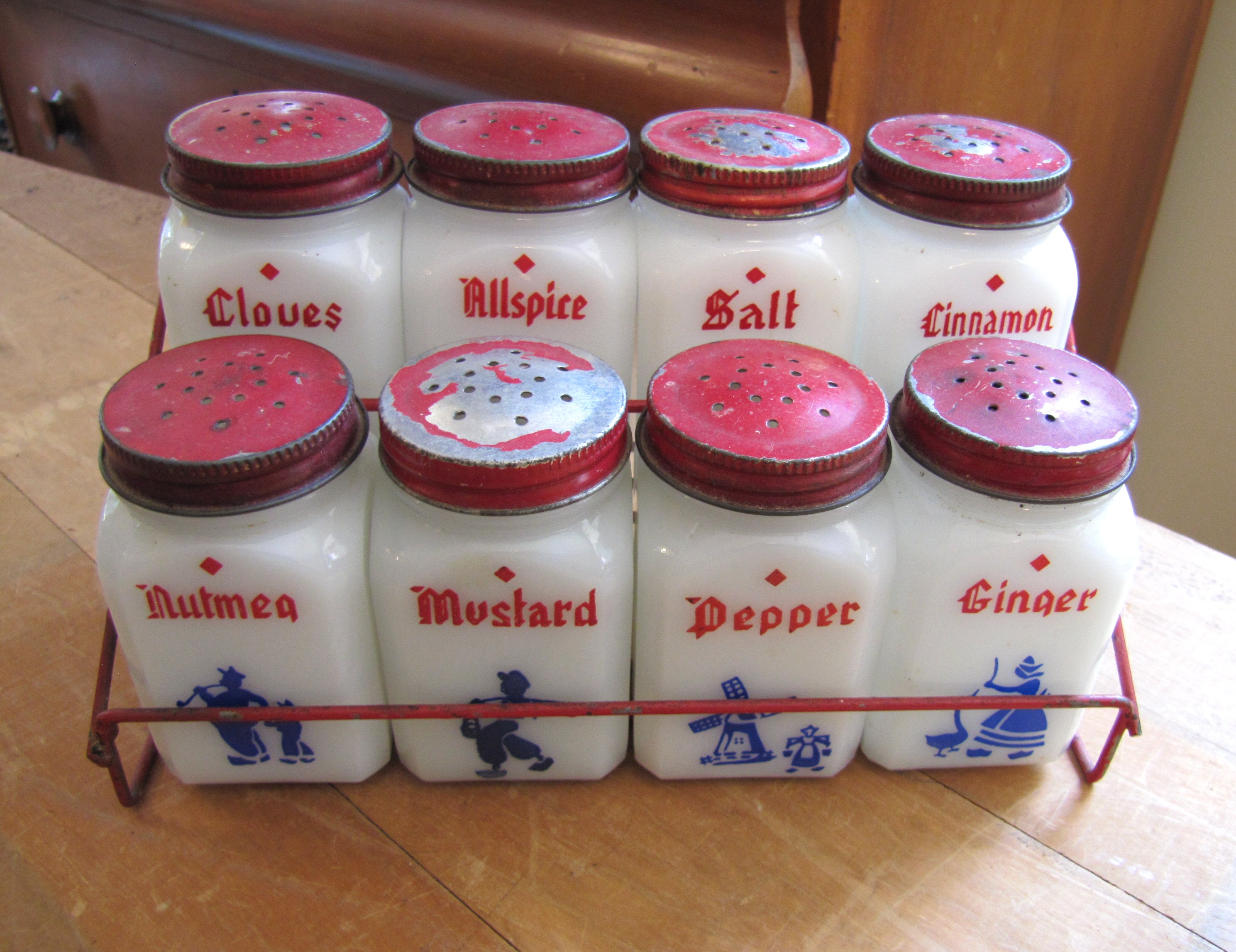Vintage Dutch Milk Glass Spice Jars and Rack, Frank Tea Co, Cincinnati ...