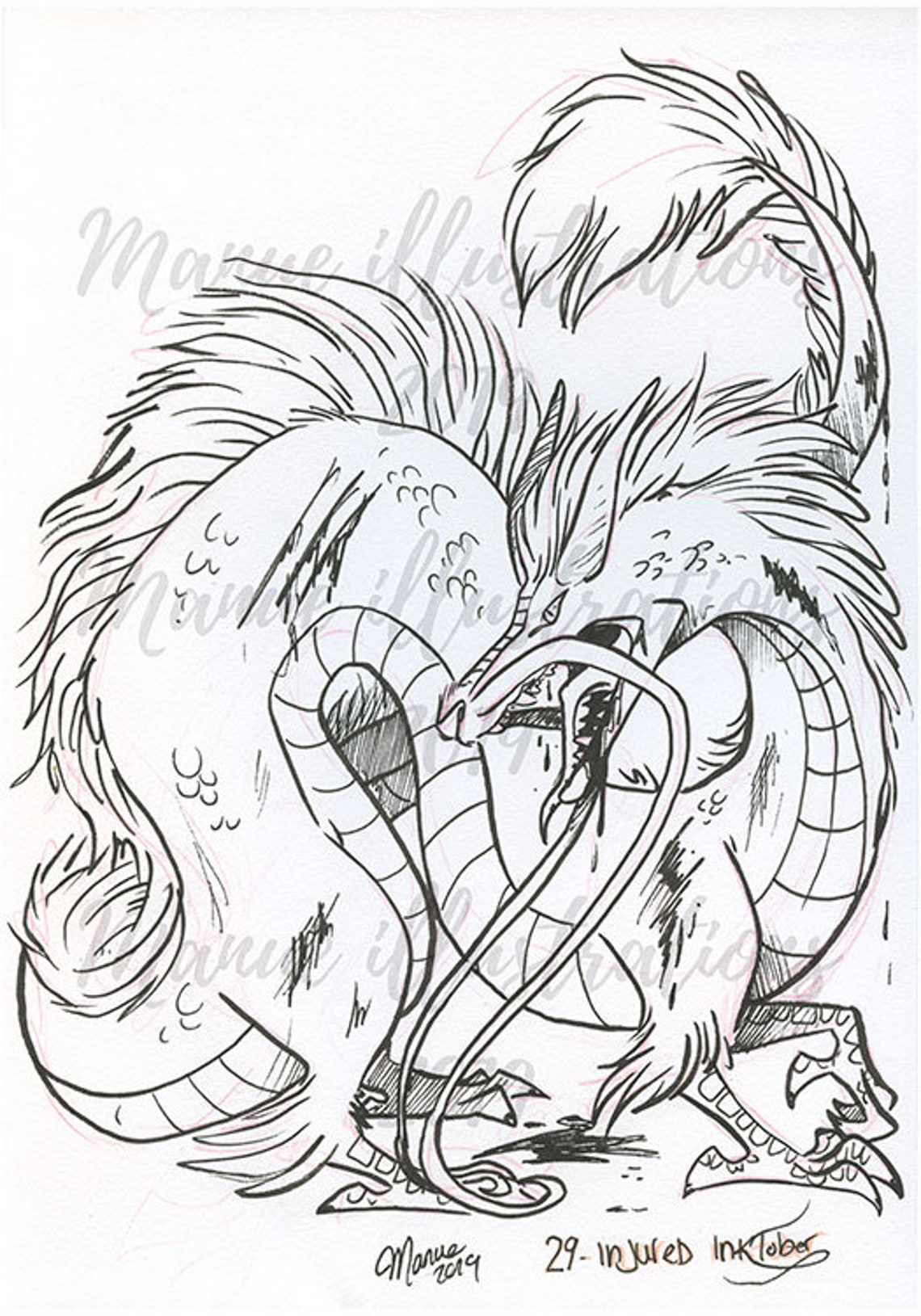 Drawtober Day 29 Injured Haku Dragon Black - Etsy