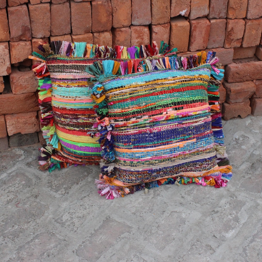 Colorful Rag Rug Pillow Cover: Bohemian Sari Fabric, Fringed Accent - Etsy