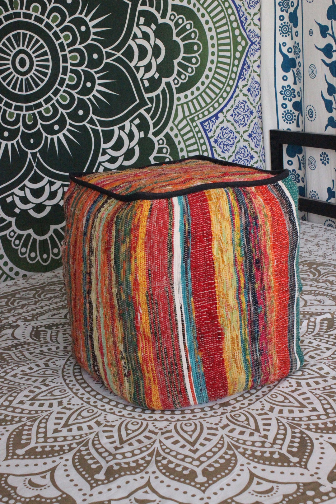 Rainbow Sari Pouf Cover: Bohemian Recycled Fabric Ottoman - Etsy