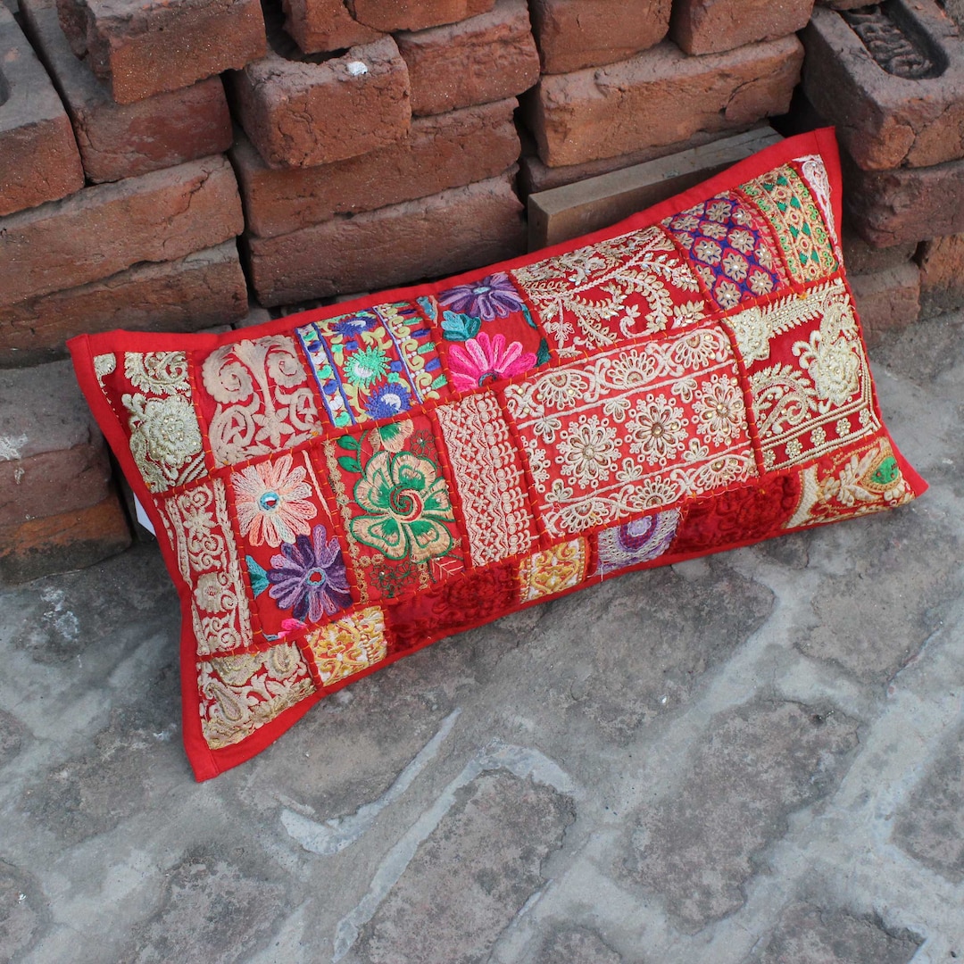 Red Boho Pillow Cover (12x24): Handmade Embroidered Patchwork Cushion ...