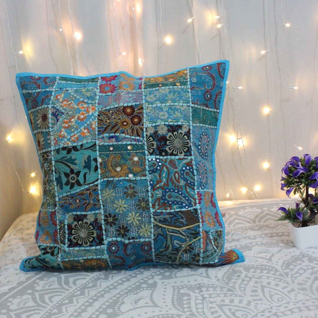 Blue Patchwork Pillow Cover: Vintage Embroidered Boho Accent - Etsy