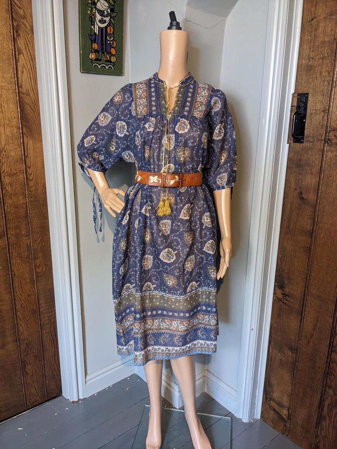 Vintage 70s Cotton Mix Gauze Blue Boho Floral Print Smock Gold Tassel ...