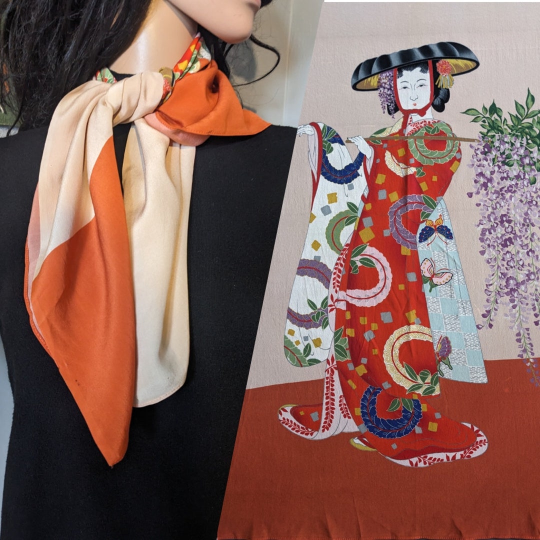 Vintage 20s 30s Silk Crepe Art Painted Geisha Japanese Floral Peach ...