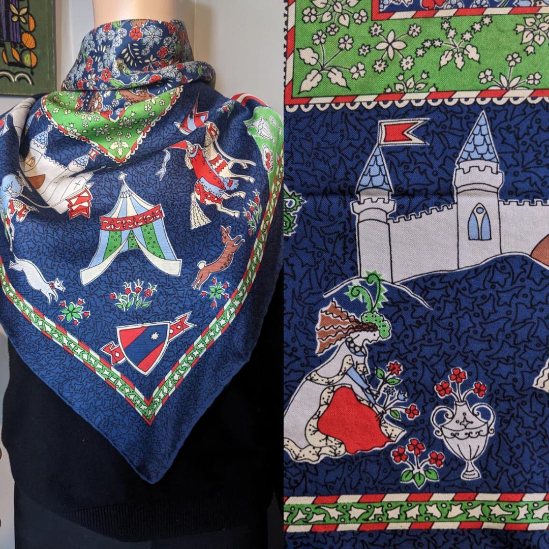 Vintage Silk Lords Ladies Navy Regal Horses Rabbits Castles Medieval ...