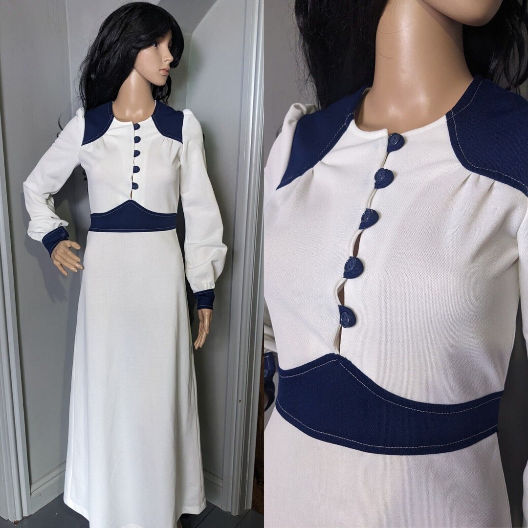 Vintage 60s 70s Navy White Button Prairie Maxi Dress Boho Mod 8 10 36 ...