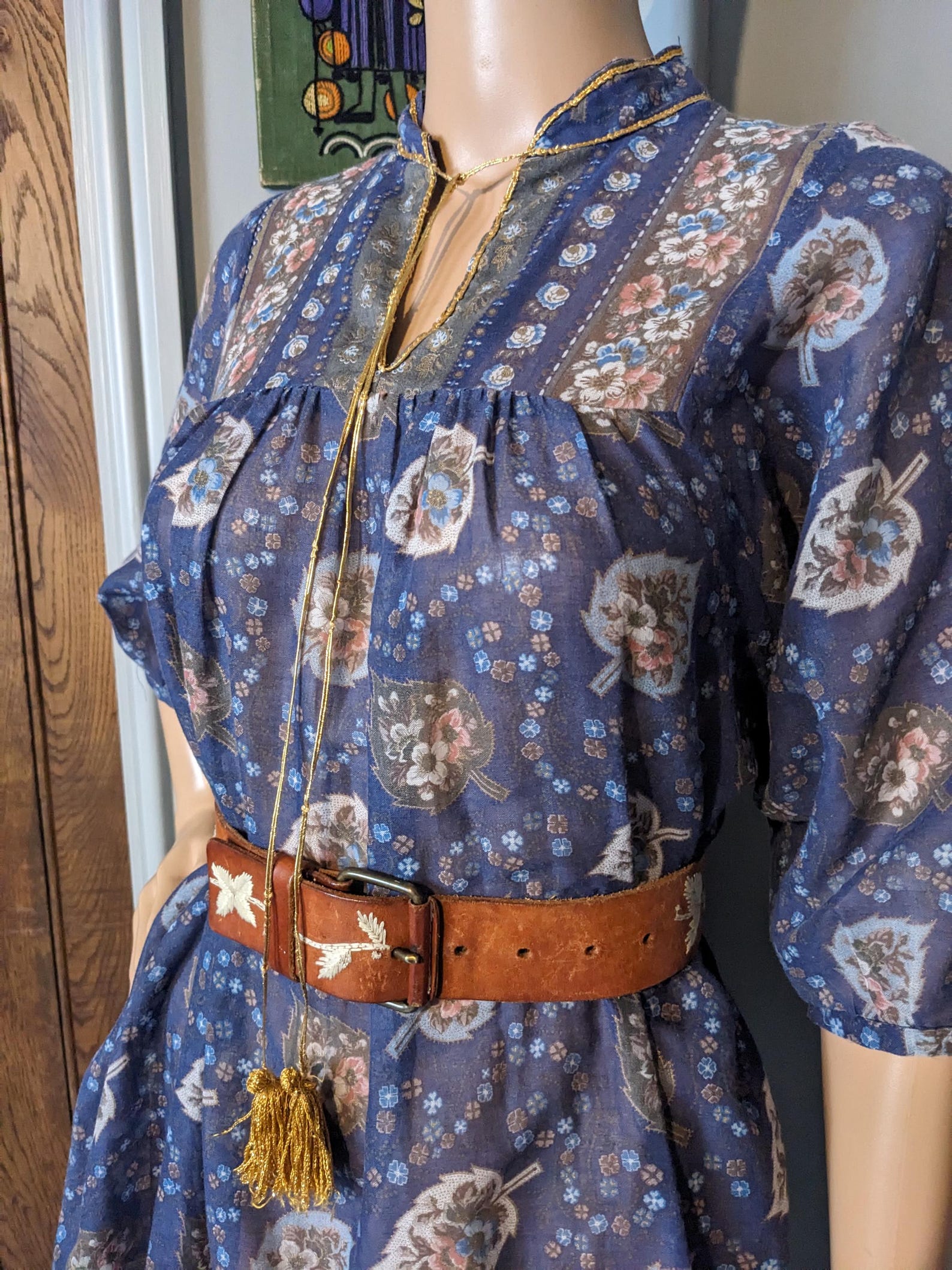 Vintage 70s Cotton Mix Gauze Blue Boho Floral Print Smock Gold Tassel ...