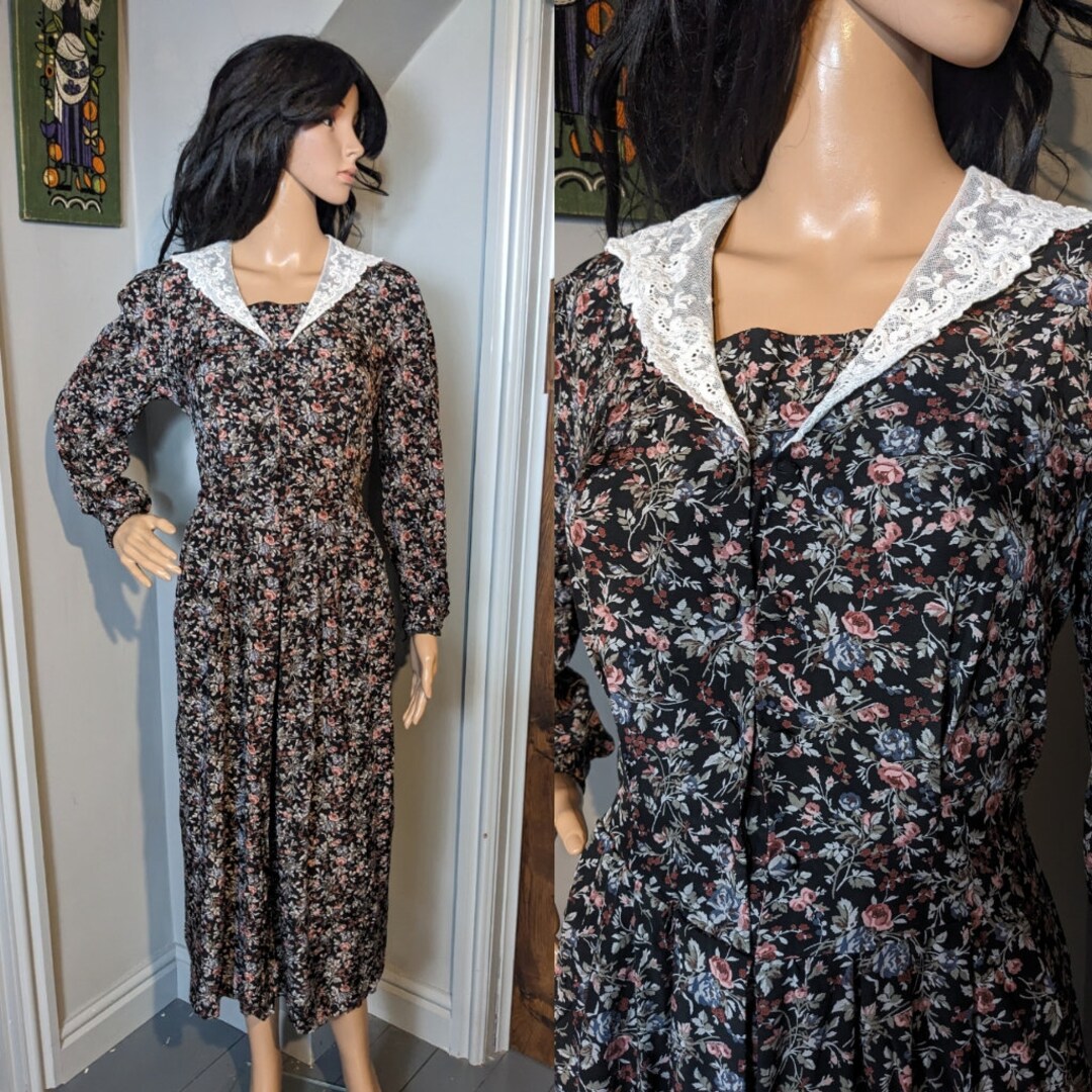 Vintage Laura Ashley Black Floral Lace Crochet Collar Tea Dress ...