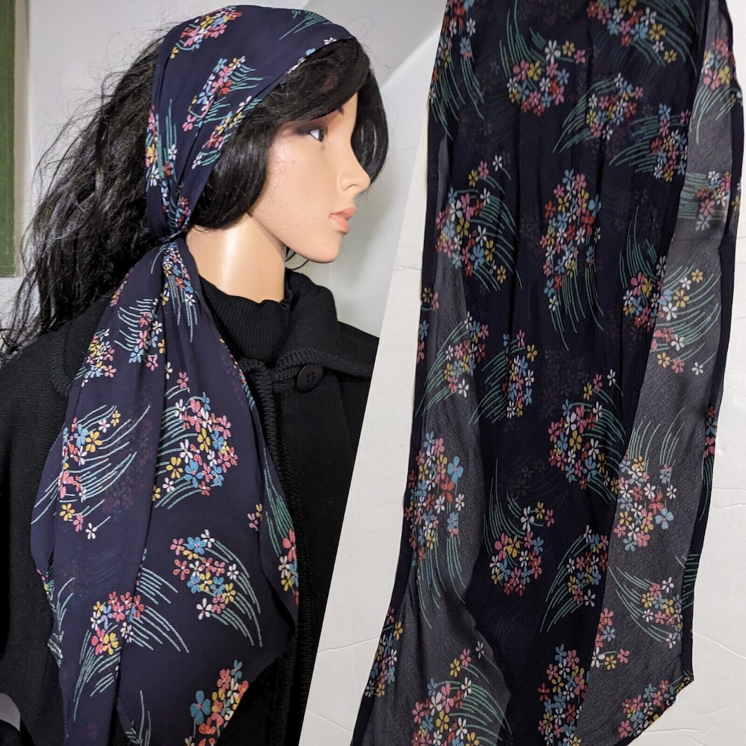 1930s 20s Deco Floral Crepe Silk Tapered Long Head Neck Scarf - Etsy