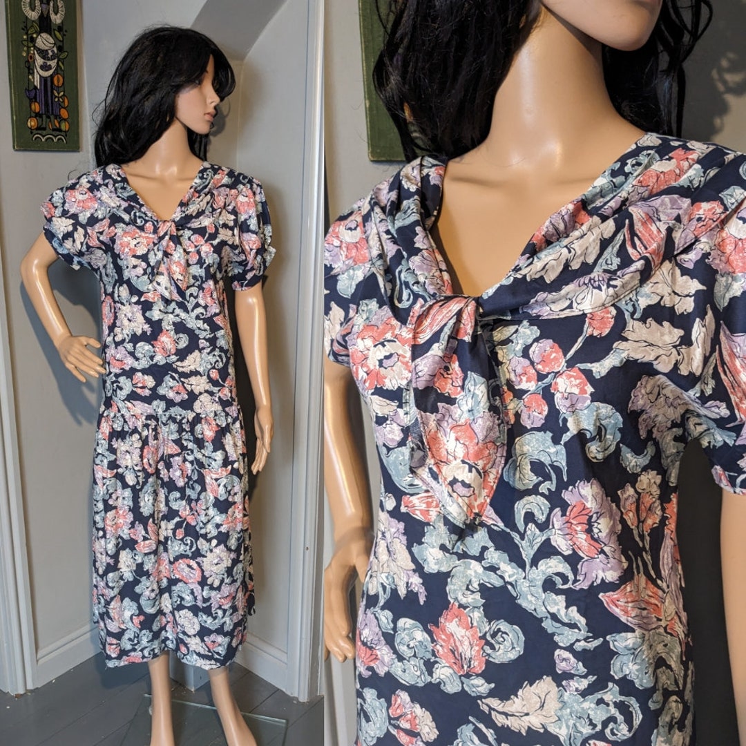 Laura Ashley Painterly Floral Navy Collared Drop Waist Tea Sheath ...