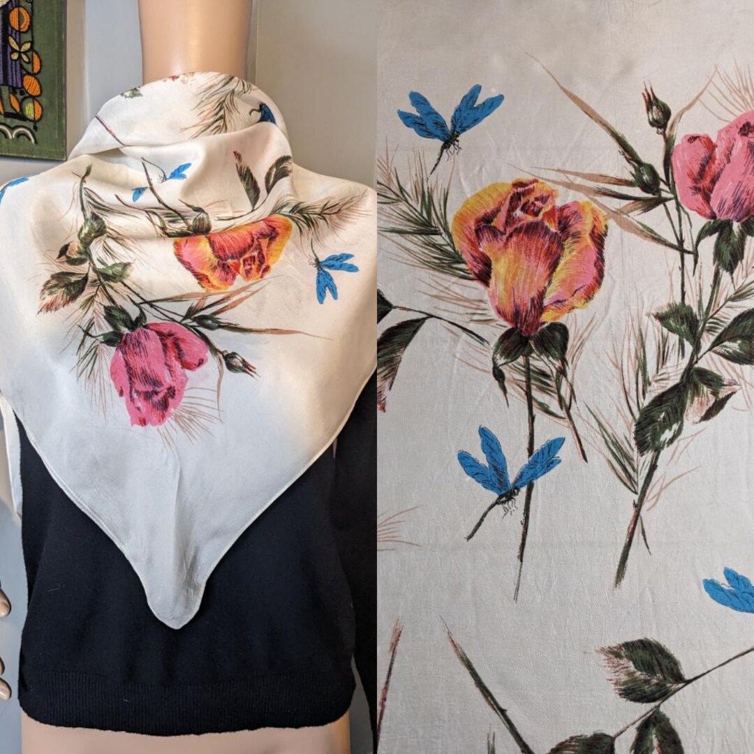 Vintage 50s Painterly Floral Rose Dragonfly Print Satin Twill Scarf 40s ...