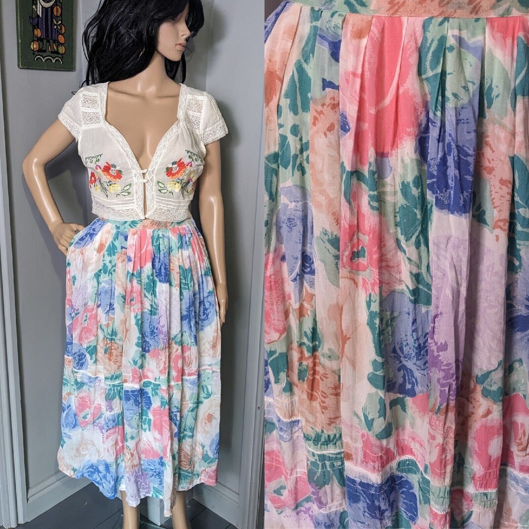 Vintage 70s 80s Phool Indian Cotton Gauze Floral Crochet Boho Midi ...