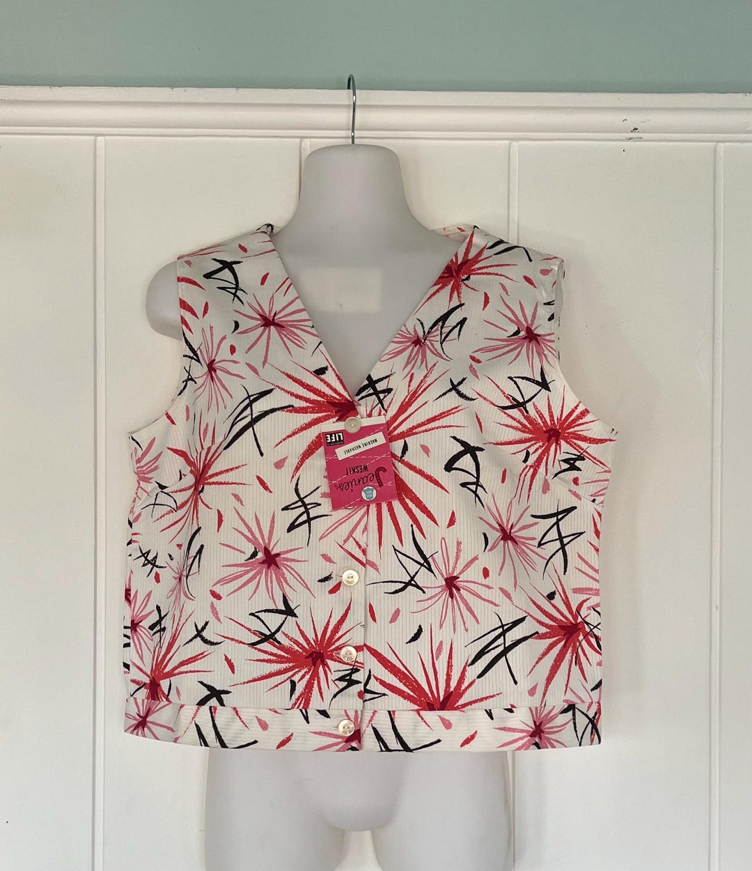 1950's 1960's Vintage Red Pink Black Star Burst Print Design Summer ...