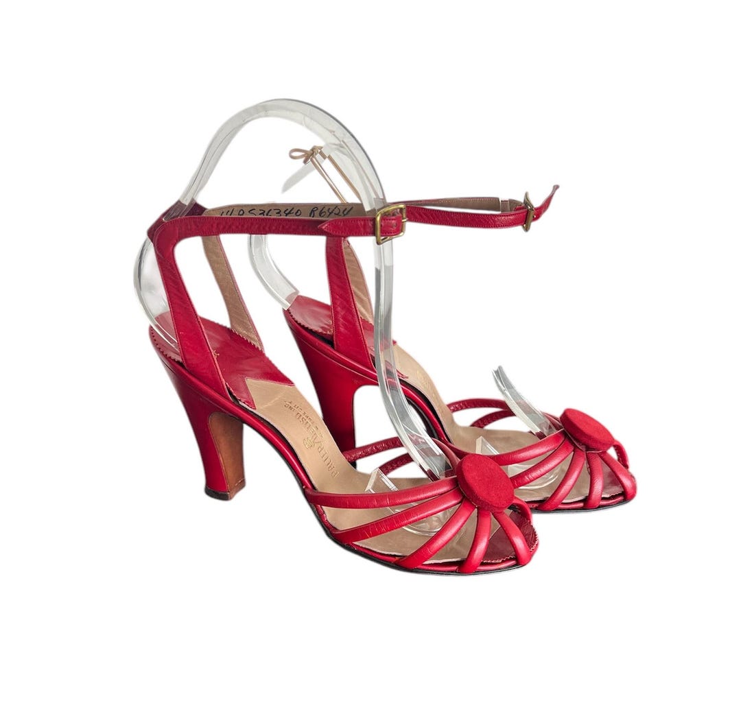 1940 1950 Vintage Size 6.5 Red Leather Ankle Strap Heels Shoes ...