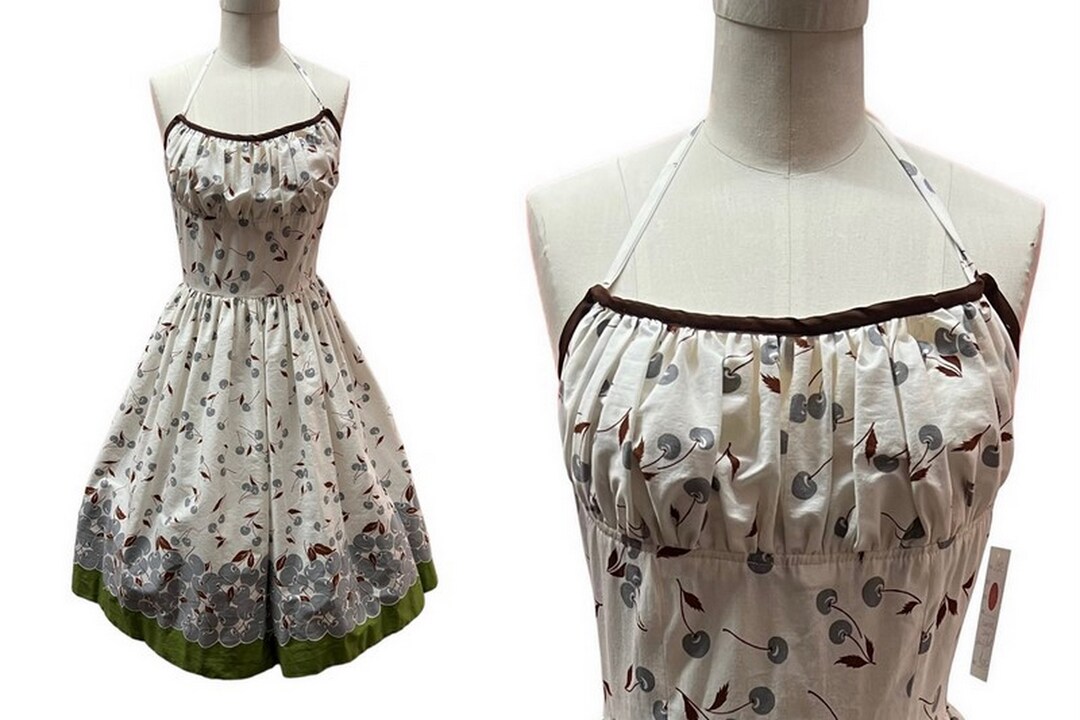 1950's Vintage Halter Strap Shelf Bust Cotton Summer Dress With Cherry ...