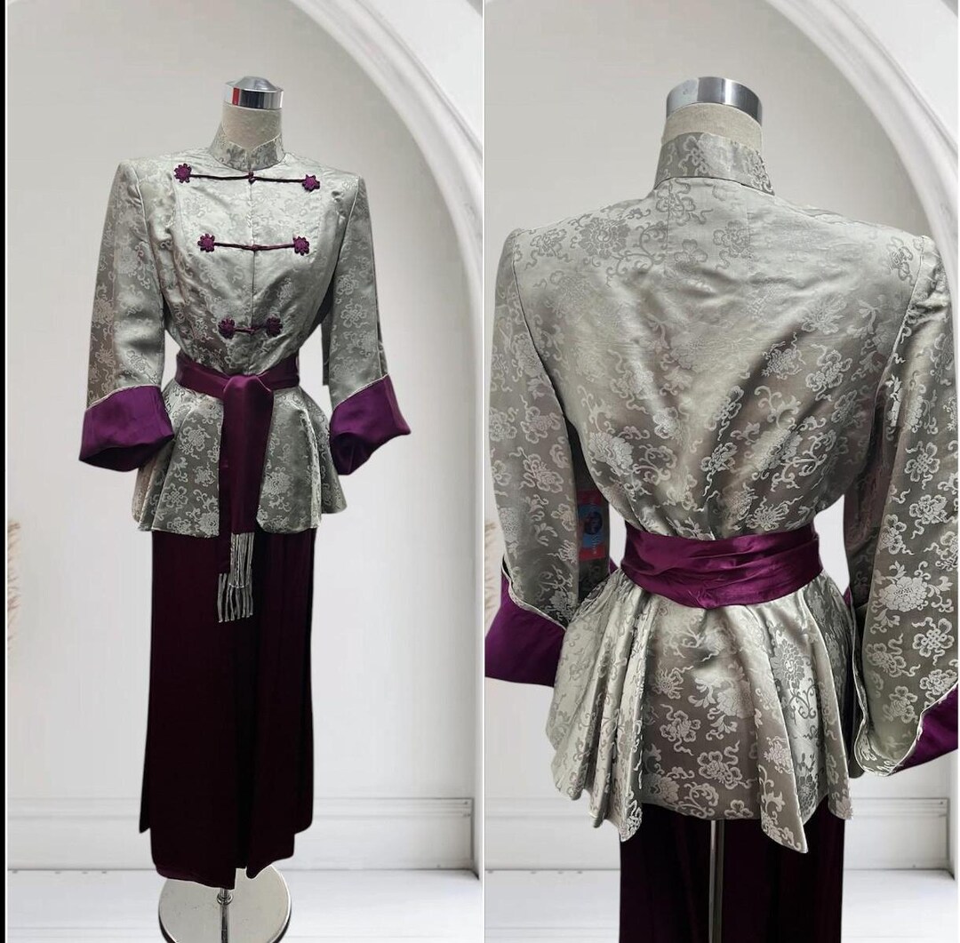1940's Two Piece Lounge Silk Satin Set Full Peplum Jacket and Wide Leg ...
