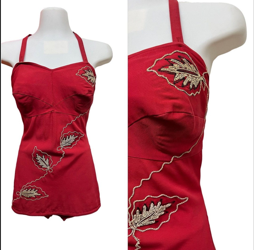 1940 Vintage Large Size 16 Red Swimsuit With Soutache Leaf ...