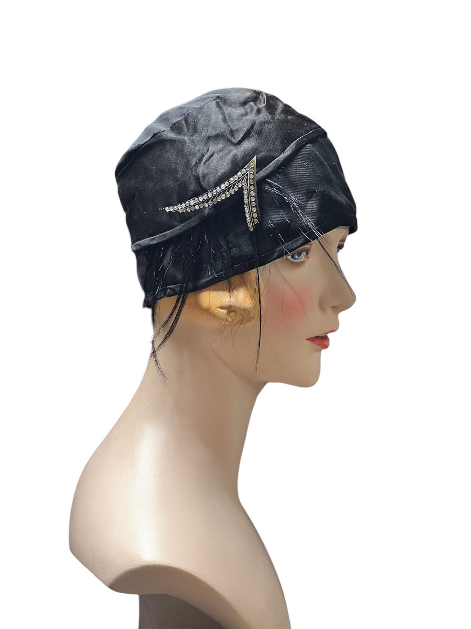 Vintage 1920's Black Silk Satin Evening Cloche Hat With Decorative ...