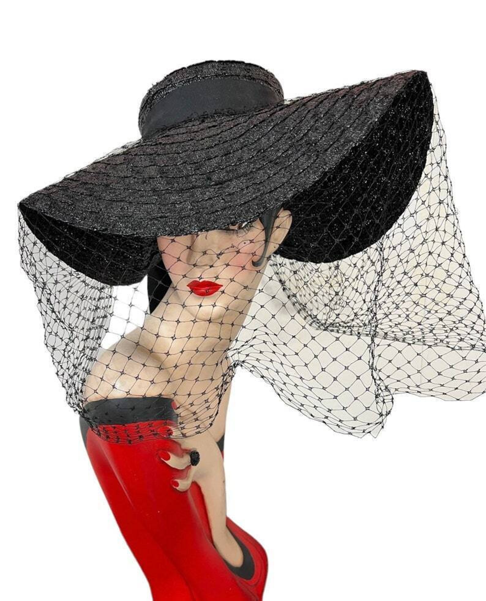 NOW ON SALE! 1930 1940 Vintage Wide Brim Black Straw Hat Deep Rich ...