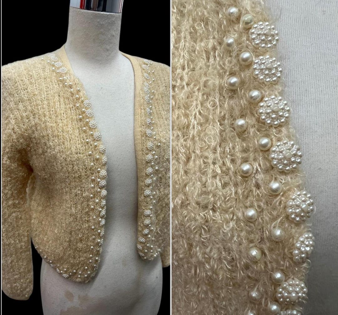 1950 Vintage M Size Cream Soft Bolero Sweater With Faux Pearl Perfect ...
