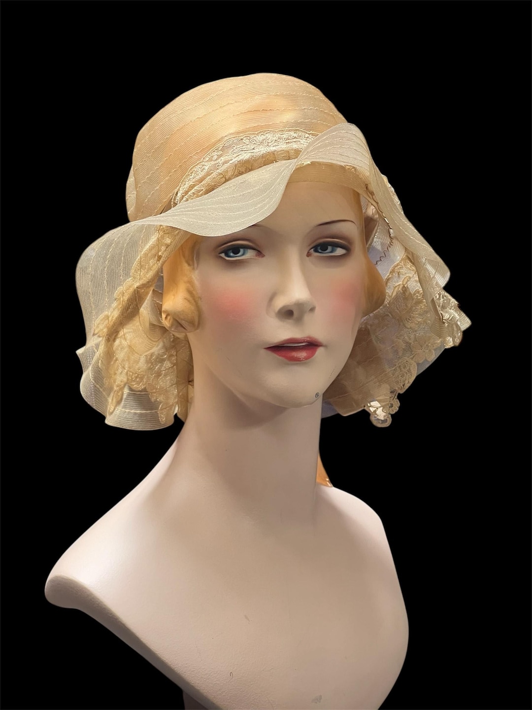 Rare Vintage Antique 1920's Cream Horse Hair Mesh Cloche Wide Brim Hat ...