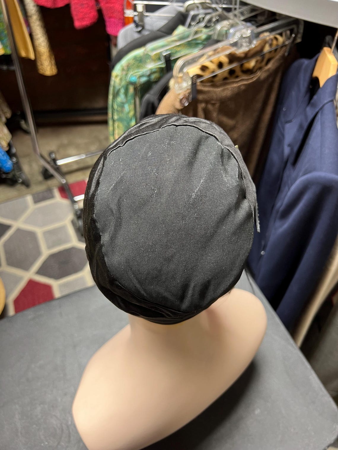 Vintage 1920's Black Silk Satin Evening Cloche Hat With Decorative ...