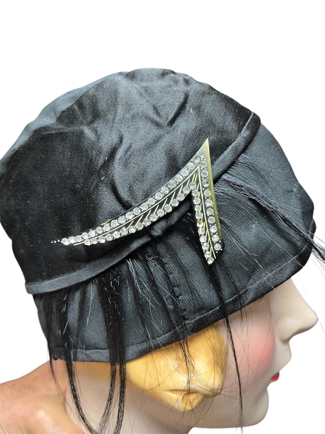 Vintage 1920's Black Silk Satin Evening Cloche Hat With Decorative ...
