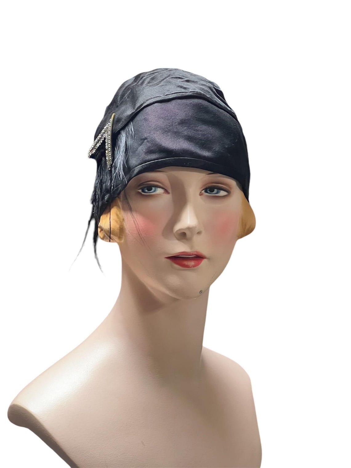 Vintage 1920's Black Silk Satin Evening Cloche Hat With Decorative ...