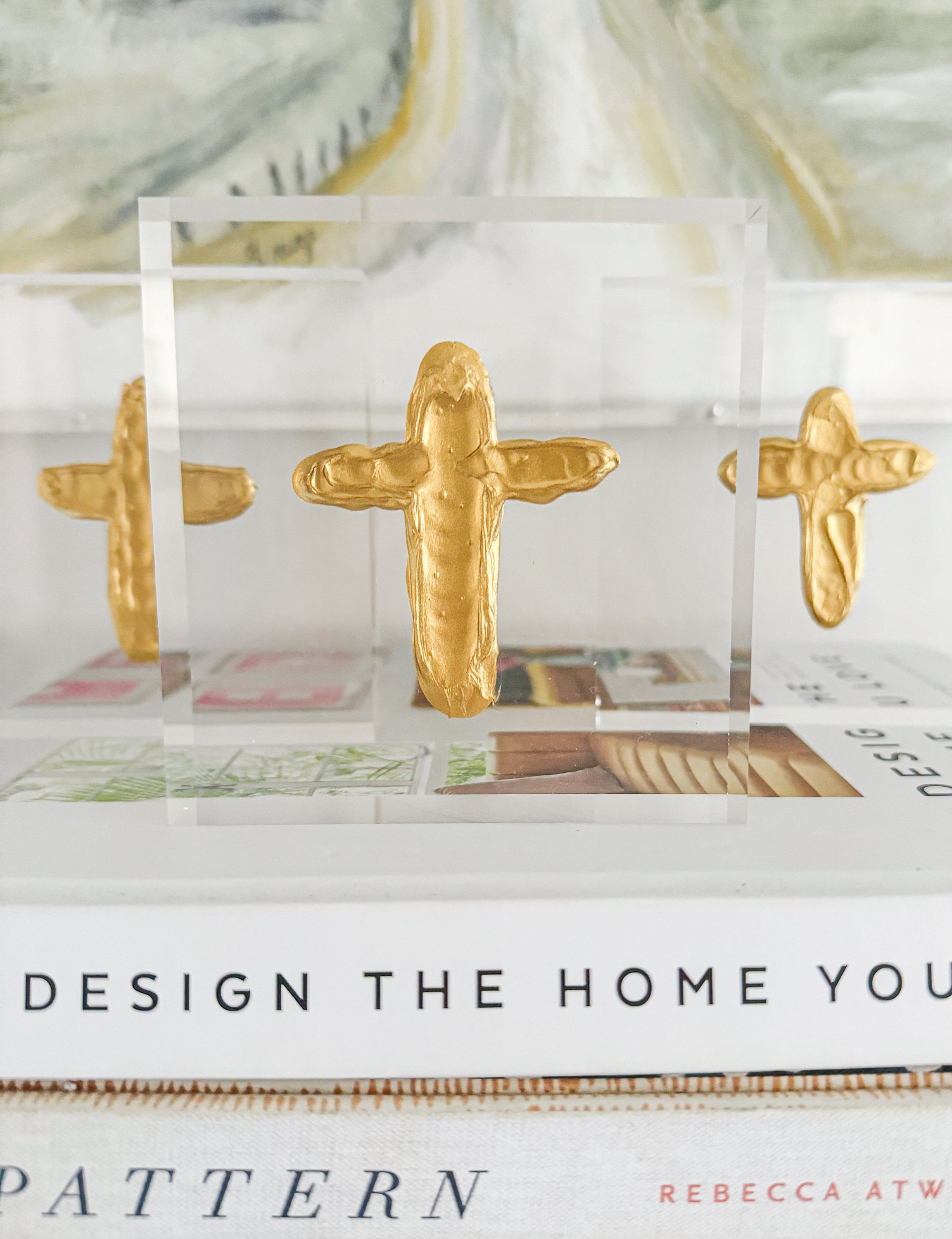 Golden Cross on Acrylic | Acrylic Block Art | Tabletop Lucite Block ...