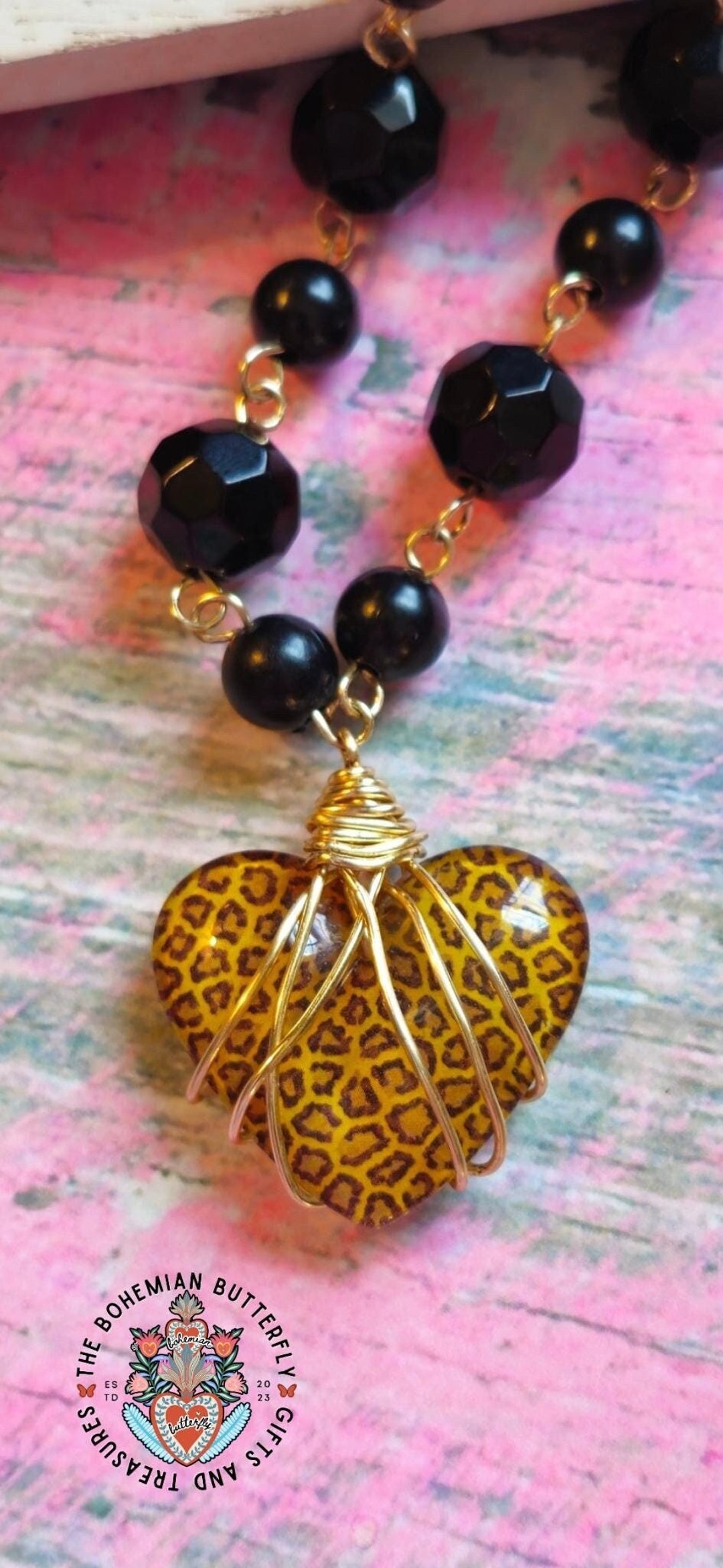 Leopard Print Heart PENDANT Black Beaded Chain NECKLACE Classic Vintage ...