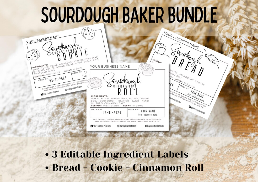 Sourdough Ingredient Label Bundle, Bread, Cookie, Cinnamon Roll; Custom ...
