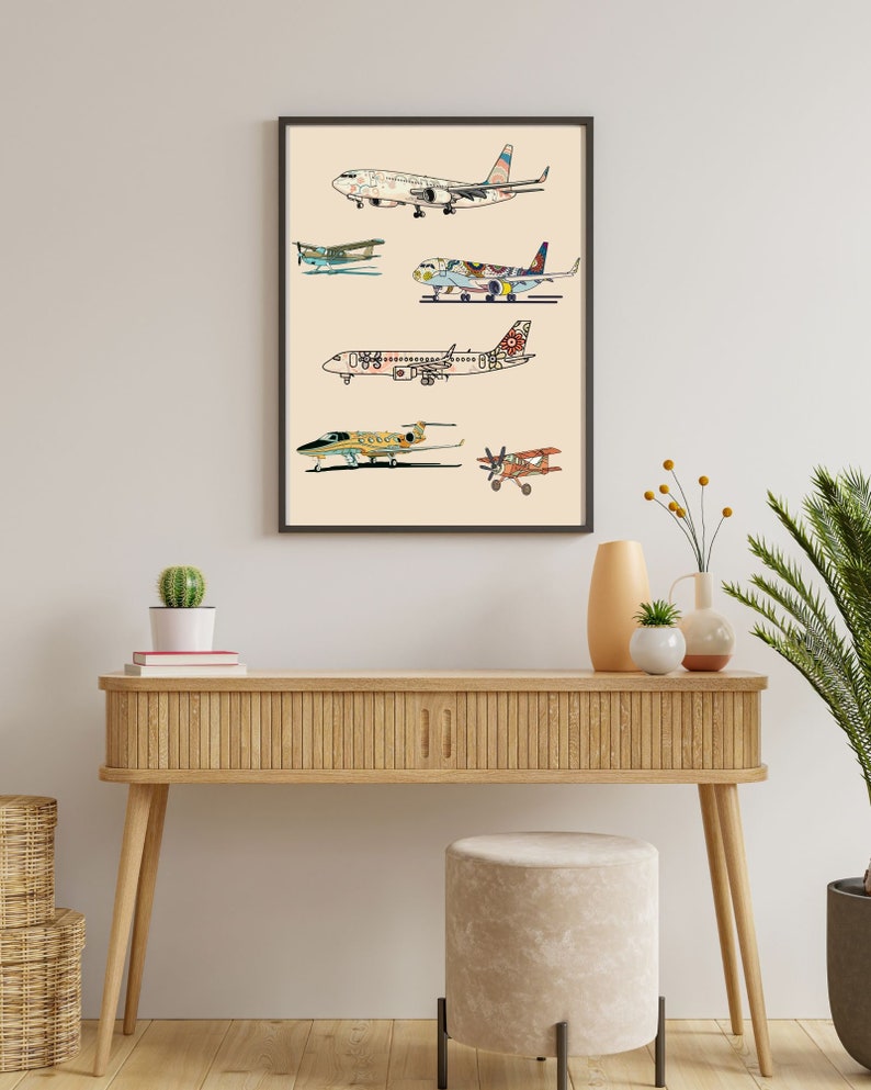 Boho Retro Airplane Wall Art, Aviation Decor Printable, Airplane ...