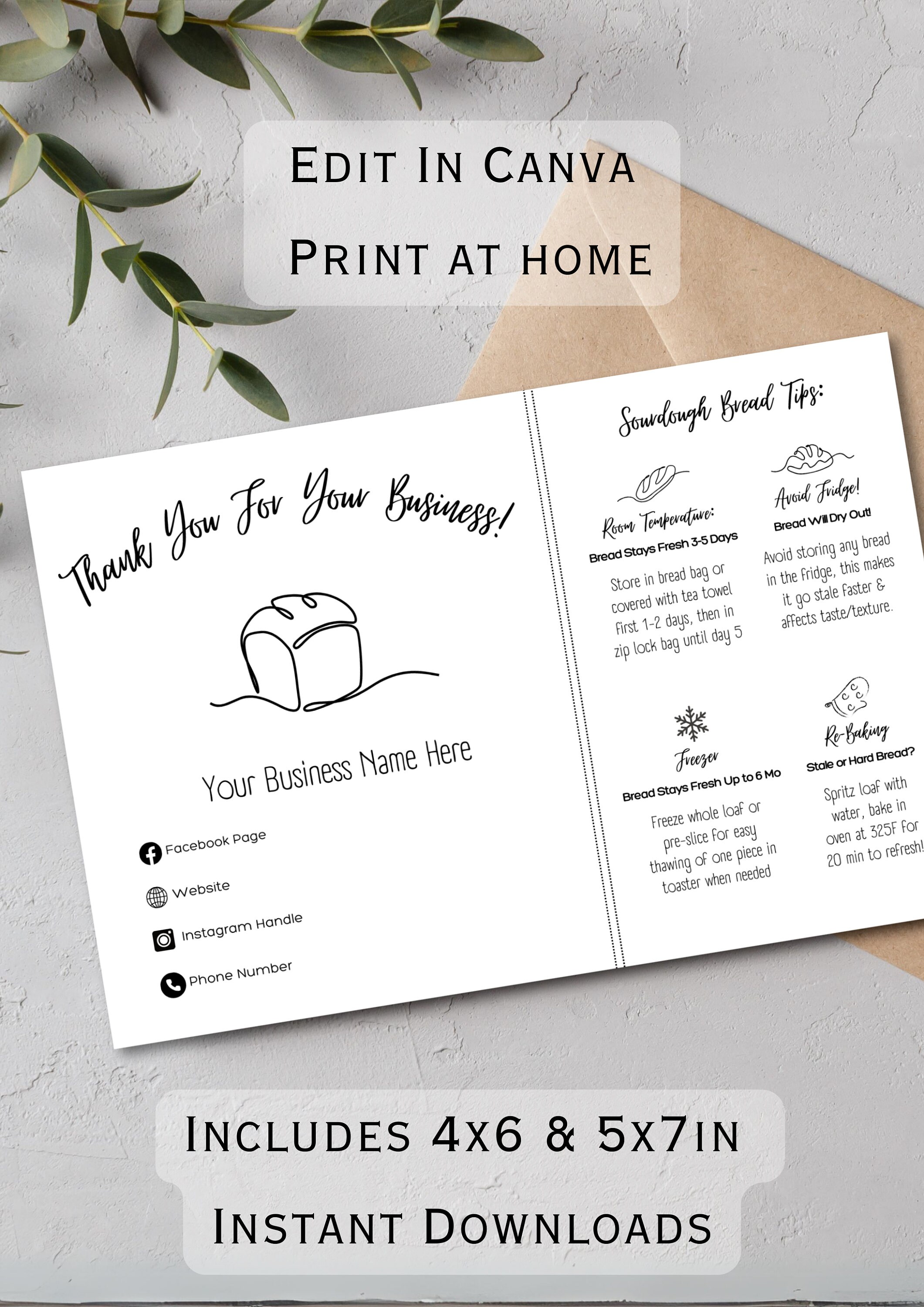 Sourdough Care Card, Bread Thank You; Bread Loaf Storage Instructions ...